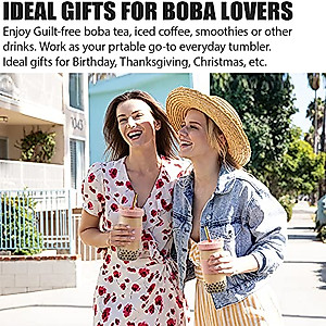 Reusable Boba Cup Bubble Tea Cup 2 Pack, 24Oz Wide Mouth Smoothie Cups with Lids Straws Silicone Sleeve, Leakproof Glass Mason Jars Drinking Water Bottle Travel Tumbler for Large Pearl Christmas Gifts