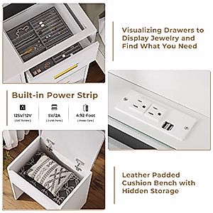 AOGLLATI Makeup Vanity Set with Lights & Charging Station, Vanity Desk with Mirror and Lights, White Makeup Desk with Cushioned Stool, Visible Drawers, Jewelry Organizers, Open Storage Shelves