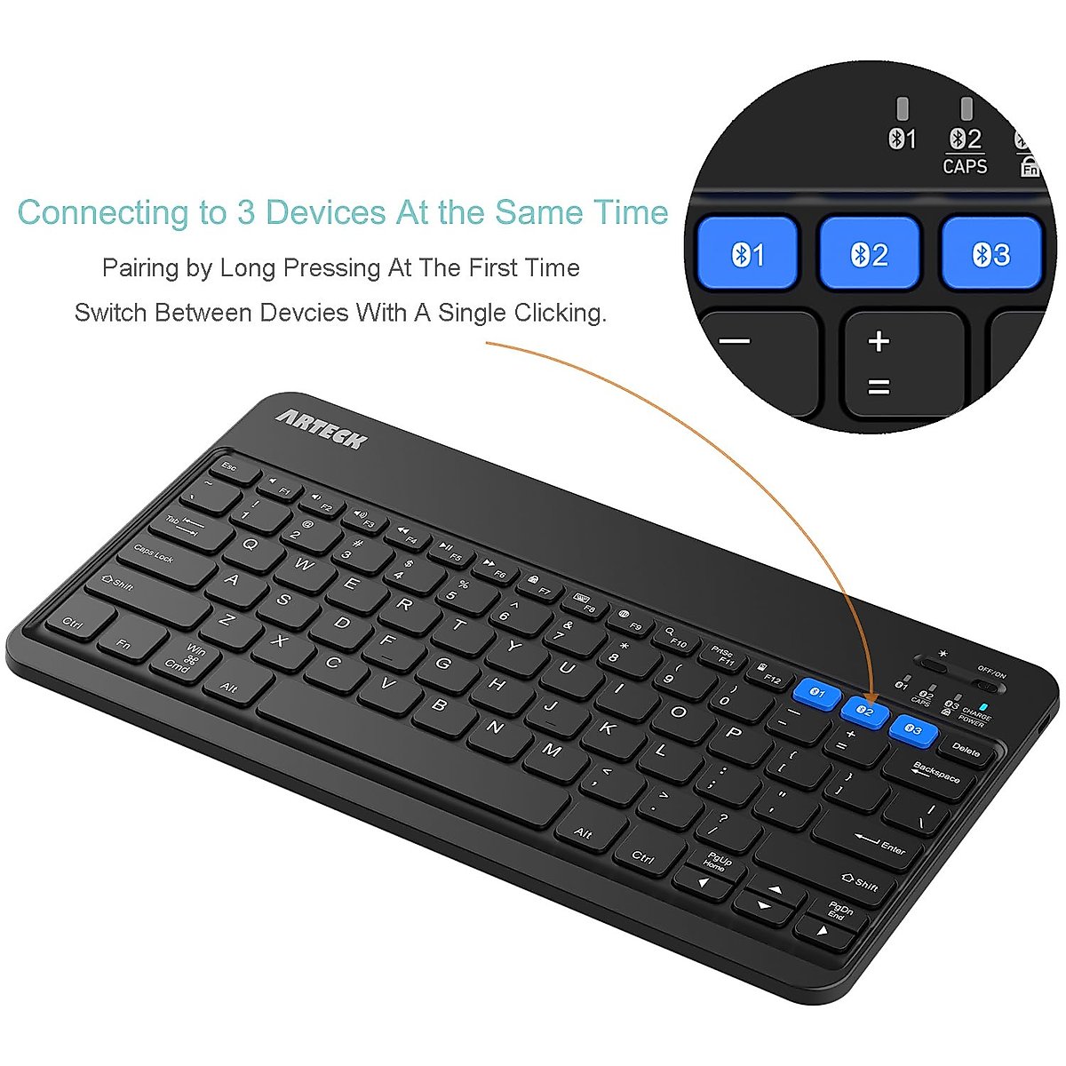 Arteck HB220B Universal Backlit 7-Colors & Adjustable Brightness Multi-Device Slim Portable Wireless Bluetooth 3.0 Keyboard for iOS, Android, Windows Tablet PC Smartphone Built in Rechargeable Battery