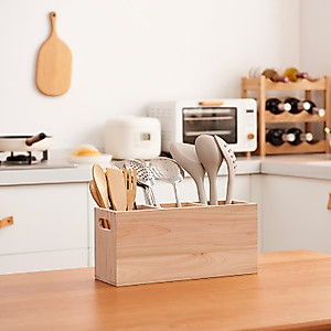 TREOAKWIS Utensil Holder Extra Large, Hinoki Cypress Wood Utensil Organizer Holder, 3 Compartment Kitchen Countertop Utensil Caddy Crock Counter Organizer and Cooking Tools Storage