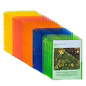 Seashell 25 Pack Poly Translucent Slash File Jacket,3 Hole Punch Binder Organizer Pockets,Letter Size, Assorted Colors,Plastic Binder Pockets Sleeves