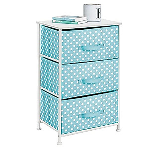mDesign Storage Dresser End/Side Table Night Stand Tower Unit with 3 Removable Fabric Drawers - Organizer for Baby, Kid, and Teen Bedroom, Nursery, Playroom, or Dorm, Turquoise Blue/White Polka Dot