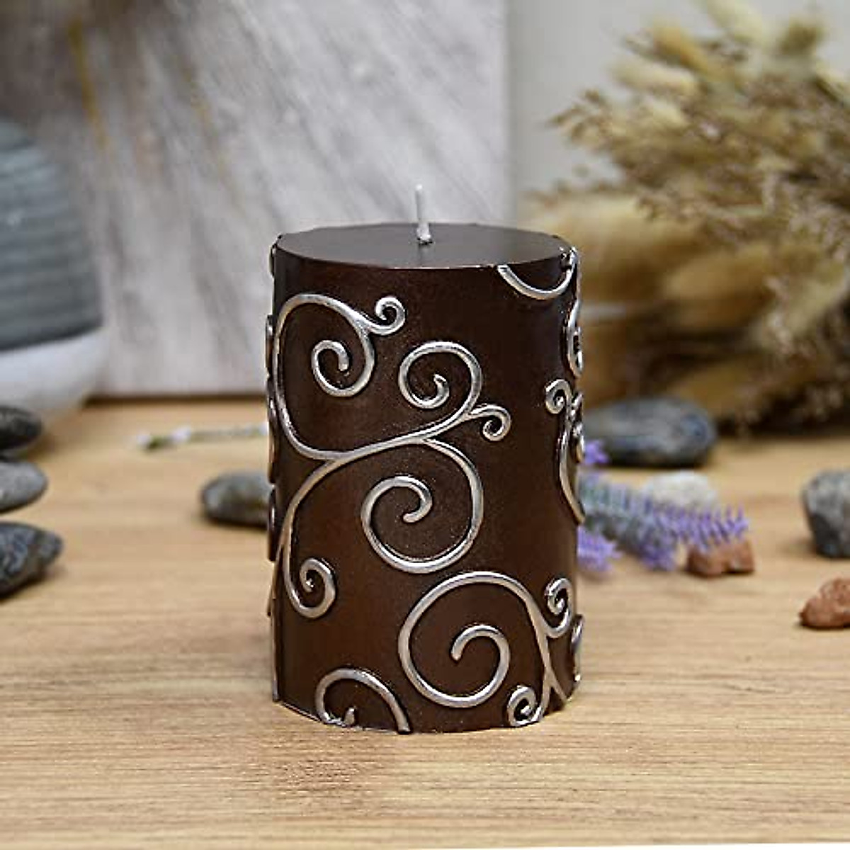 Zest Candle Pillar Candles, 3 by 4-Inch, Brown Scroll