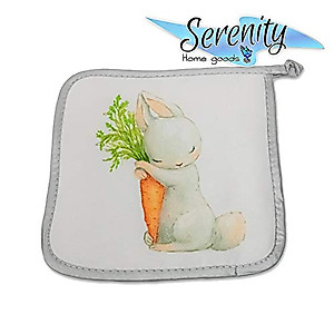 Spring Decorative Kitchen Hot Plate Pot Holder Oven Mitt Set | Retro Chic Luxe Easter Bunny Rabbit With Eggs and Carrot| Cute Decoration White Home Decor Holiday | Gift Present