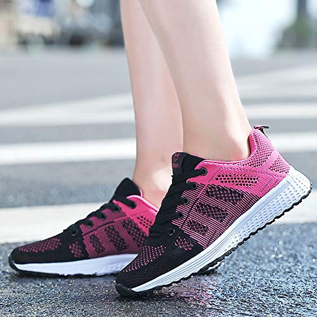 UareMgic Women's Breathable Flying Weave Fashion Walking Sneakers Lightweight Running Athletic Tennis Shoes Shock-Relief (US 9 /EU 40, Rose Red)