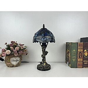 LGWW Tiffany Style Table Lamp Dragonfly Style Rose Base Stained Glass Bedside Lamp Antique Luxurious Bedside Desk Reading Light 15X8X8 Desk Light Metal Base Decor Bedroom Living Room Home Office