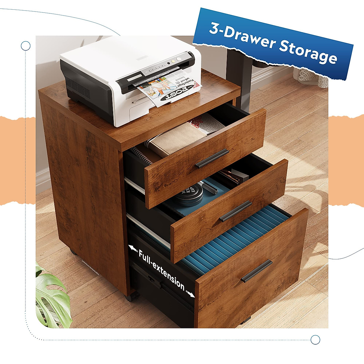 DEVAISE 3 Drawer File Cabinet for Home Office, Wood Under Desk Filing Cabinet, Rolling Printer Stand with Wheels, Walnut