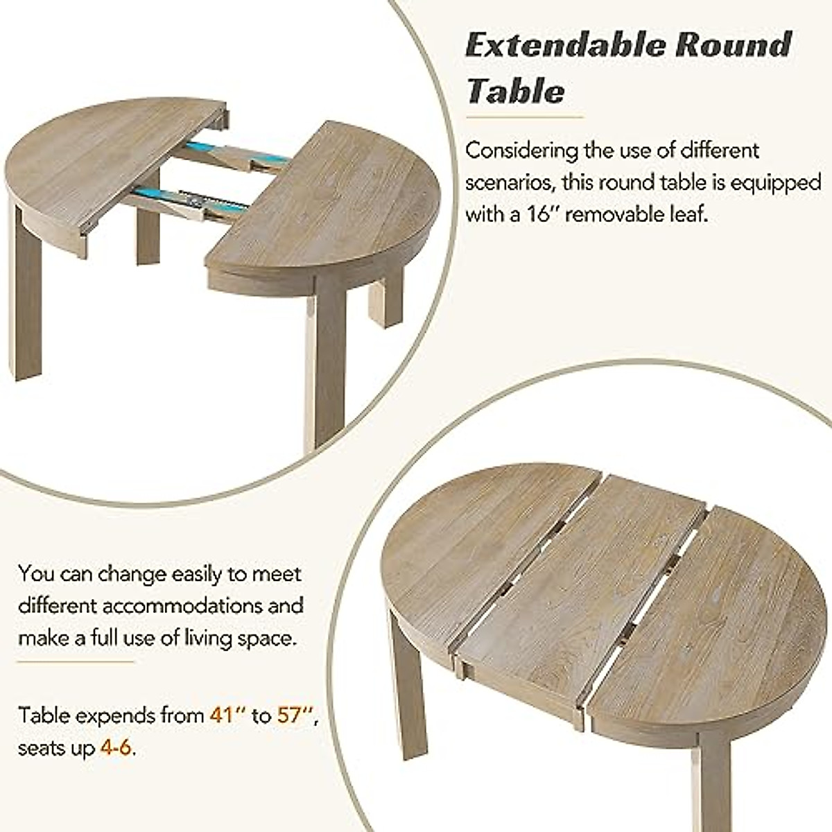 Lonfencr Round Dining Table Set for 4, Circle or Oval Extendable Table with 4 Dining Chairs,5 Piece Kitchen Table Set with Drawer, Dining Room Set for Apartment,Bistros and Farmhouse,Natural