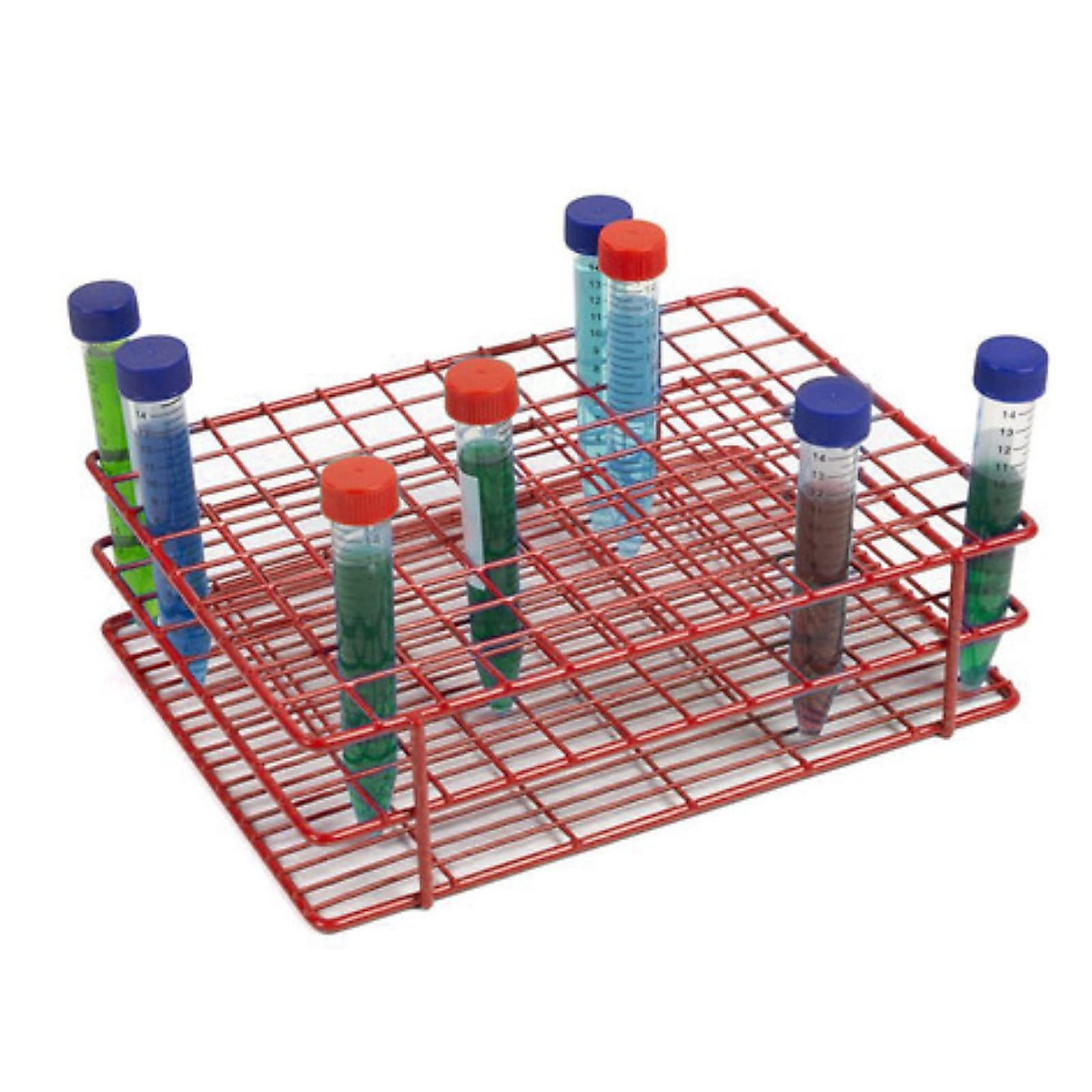 Heathrow Scientific Epoxy-Coated Steel Wire Tube Rack, 108 Wells, 16mm Well Diameter, Red