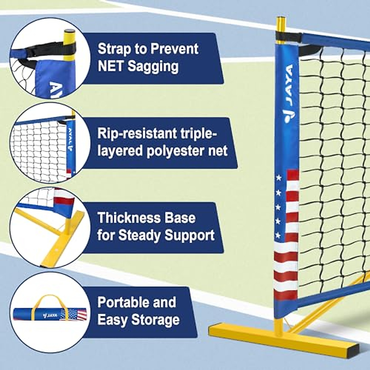 JAYA Pickleball Nets Portable Outdoor, 22FT Regulation Size Pickleball Net with Carrying Bag for Driveway Backyards Golden Yellow with Flag Blue