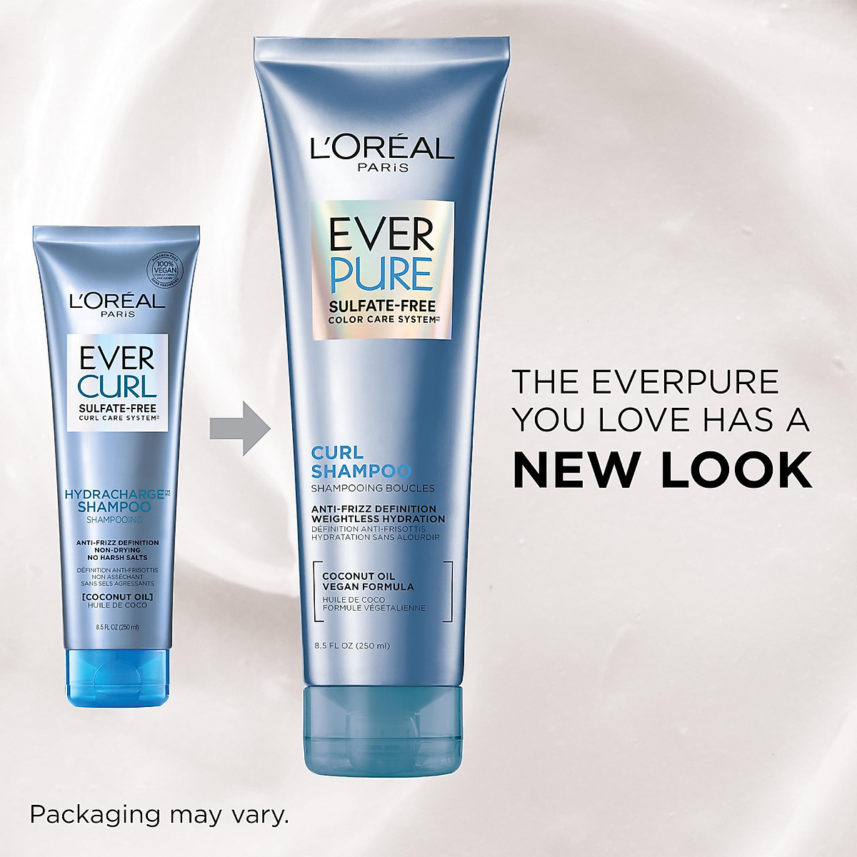 L'Oreal Paris Sulfate Free Shampoo for Curly Hair, Lightweight, Anti-Frizz Hair Care with Coconut Oil, EverPure, 8.5 Fl Oz (Packaging May Vary)