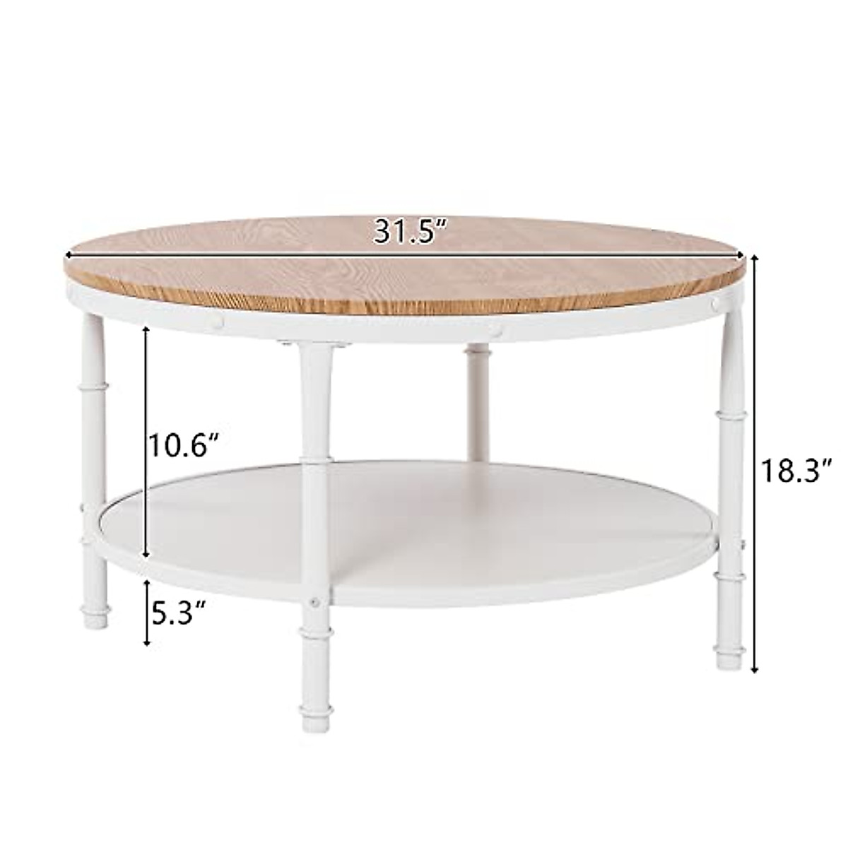 VINGLI 31.5" Natural White Round Farmhouse Coffee Table, 2-Tier Storage Wood Center Circle Accent Table for Living Room, Bedroom, Apartment, Studio and Small Spaces, Sturdy Metal Frame, Natural Color