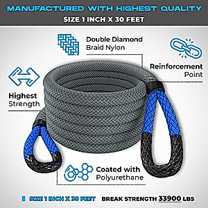 Kinetic Recovery Tow Rope (33,900lbs), with 2 D Ring Shackles (41,800lbs), Tow Rope for Truck Heavy Duty, Offroad Recovery Kit for 4WD Pick Up Truck, SUV, ATV, UTV (Silver-Blue, 1x30)