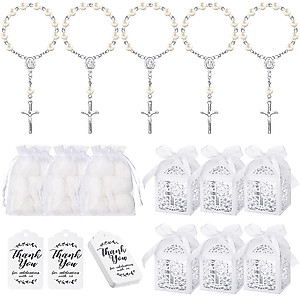 MTLEE 100 Pieces Baptism Favors Set Includes 25 Mini Rosary Baptism Favors 25 Baptism Favor Boxes 25 White Organza Bags with Drawstring 25 Thank Tags for Baby Shower Christian Gifts (Silver)