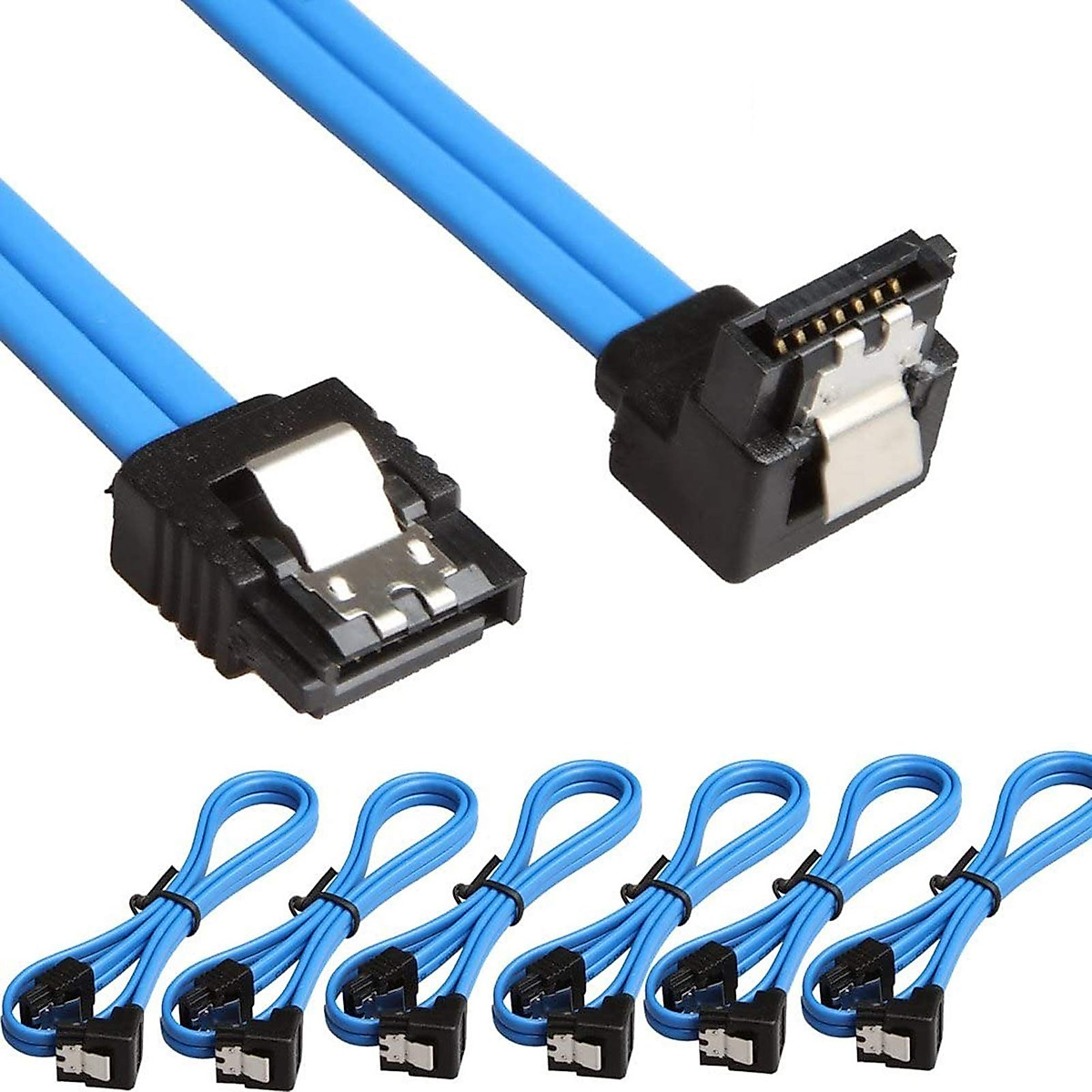 Relper-Lineso 6 Pack 90 Degree Right-Angle SATA III Cable 6.0 Gbps with Locking Latch 18Inch (6X Sata Cable Blue)