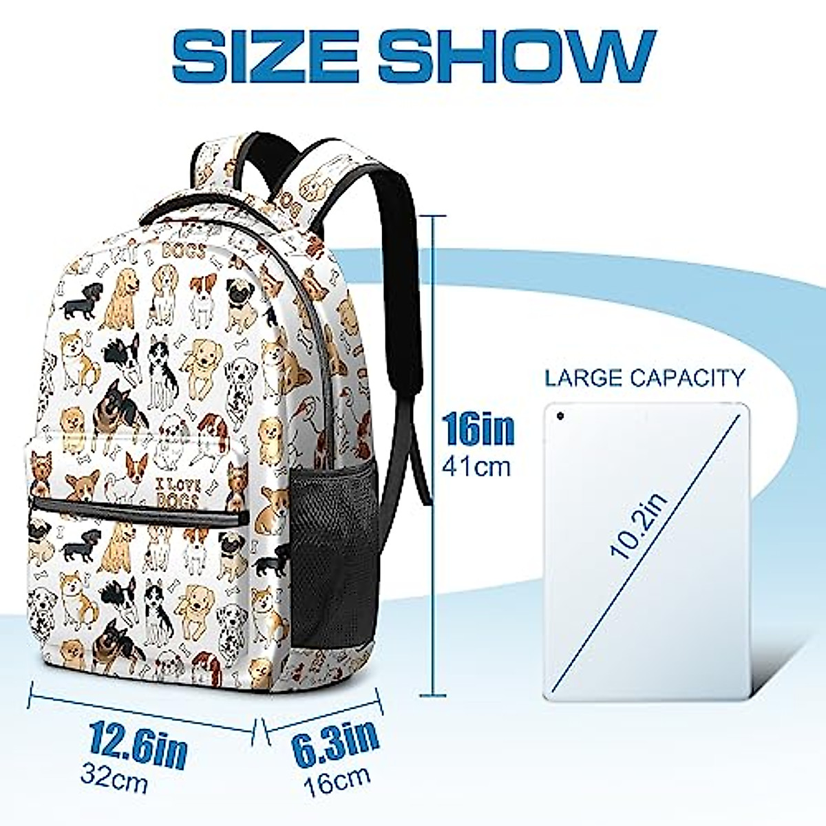 HELVOON Puppy Kids School Backpack for Girls Boys Travel Backpack for Women Men 12.6 x 6.3 x 16 in, Laptop Notebook School Bag, Stylish Casual Daypack Shoulder Bag Dogs