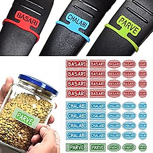 Kosher Kitchen Labels. Bundle of Silicone Tags and Adhesive Stickers for Jewish Kitchen. Basari - Meat, Chalabi - Dairy and Parve - Pareve Labels. Kitchen Storage and Organization Accessories