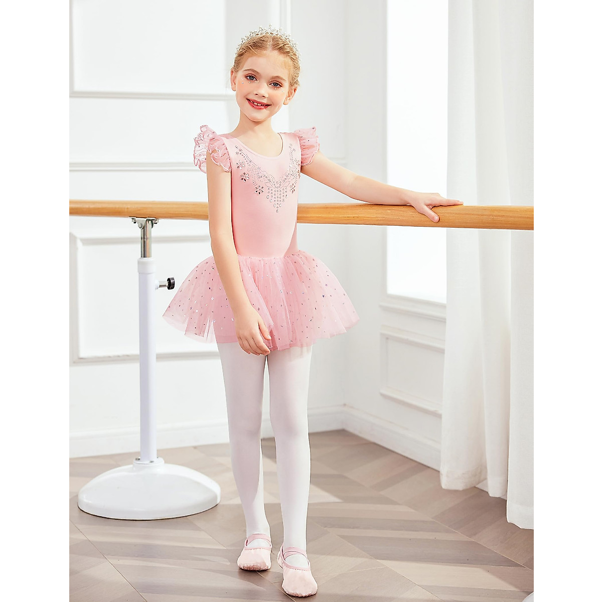 Zaclotre Kid Girls Ruffle Sleeve Ballet Skirted Leotard Shiny Dance Tutu Dresses