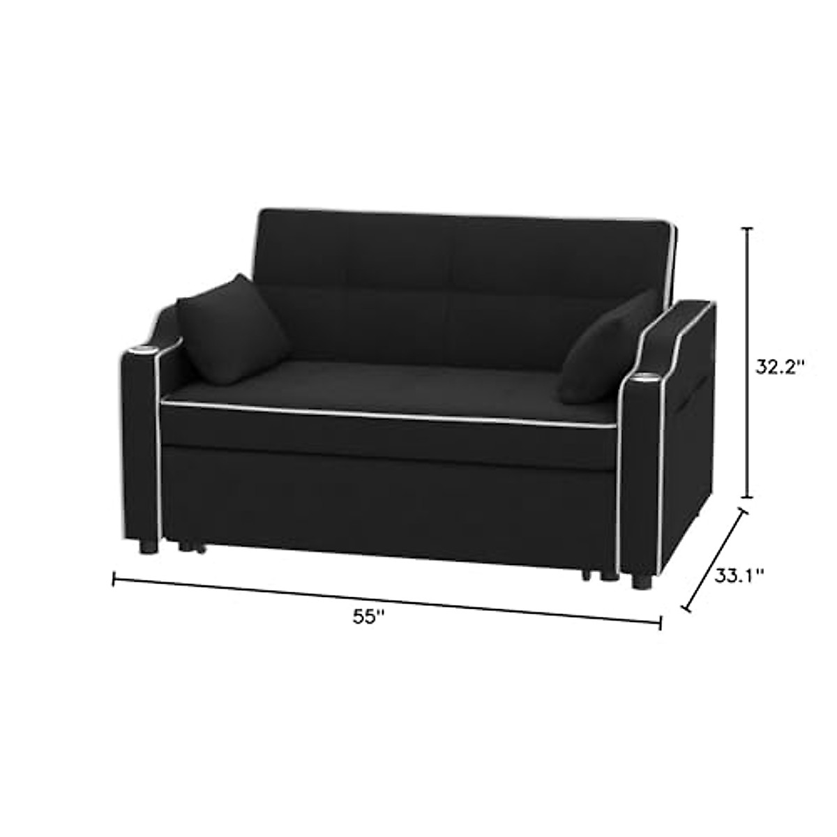 3 in 1 Convertible Sofa Bed with USB Ports, 55'' Velvet Comfy Loveseat Sleeper Sofa Couch With Cup Holders, Pull Out Couch Bed Sleeper Sofa with Storage, Living Room Furniture Set with Pillows (Black)