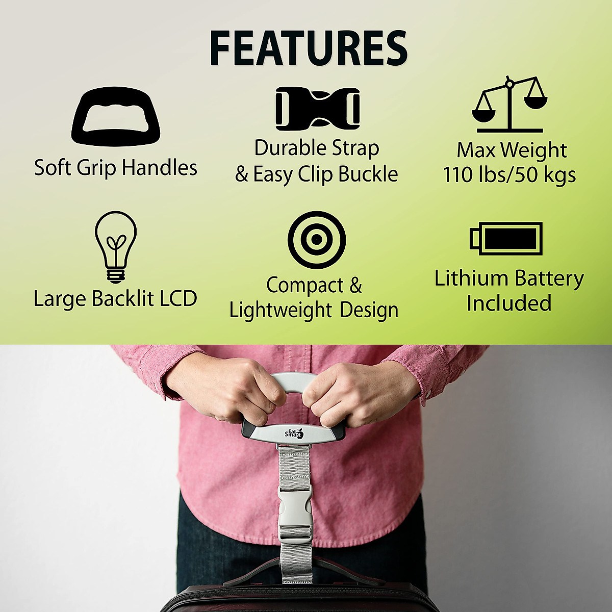 Eat Smart SmartGrip Portable Instant Read Digital Handheld Luggage Scale, Compact, Easy to Read, Lightweight, Durable, High 110 lb Capacity, Battery Included, Silver