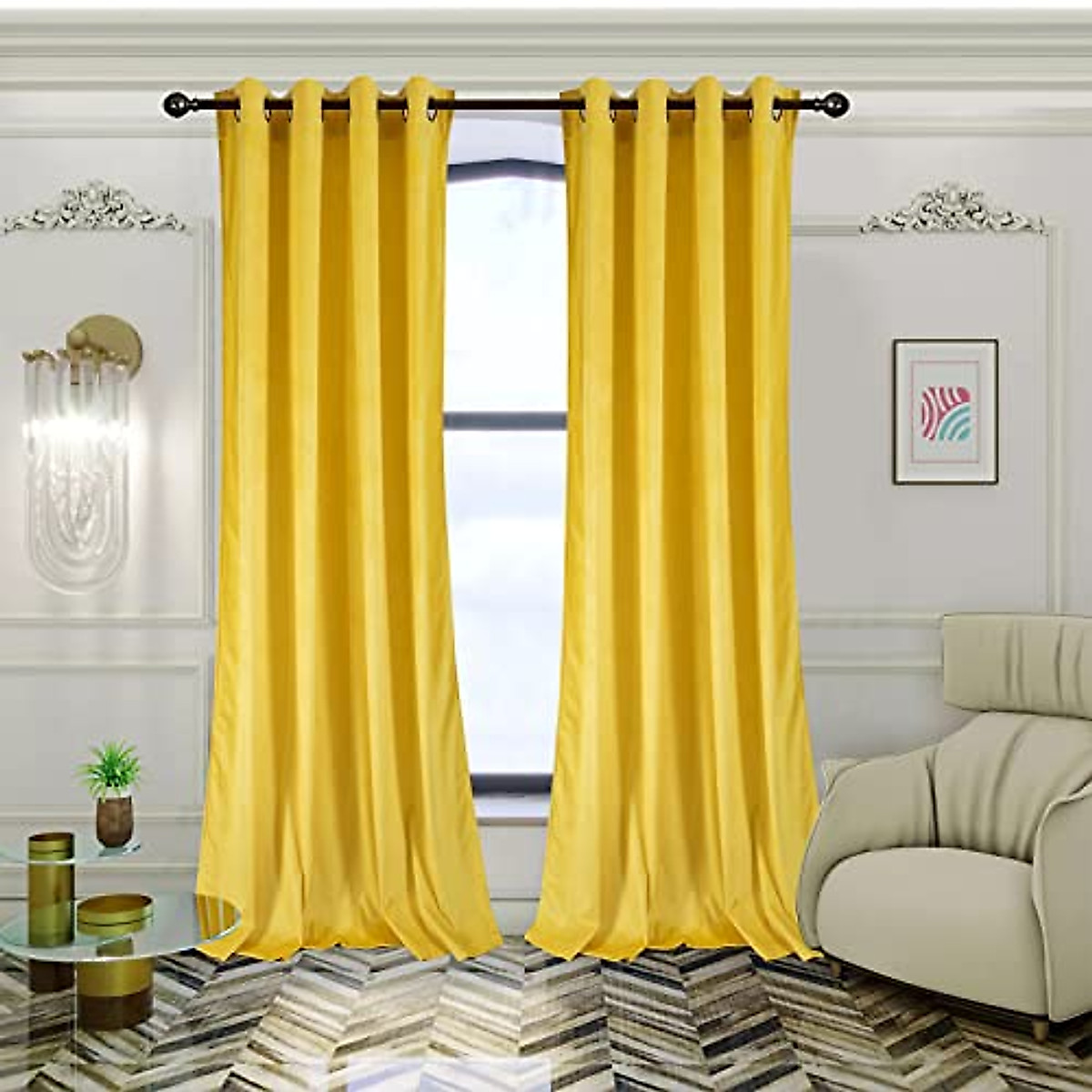 Tony's collection Christmas Yellow Velvet Curtains, Super Soft Room Darkening Insulated Small Window Drapes for Bedroom Living Room Dining Shower Backdrop(34x63 Inch, Yellow, 2 Panels)