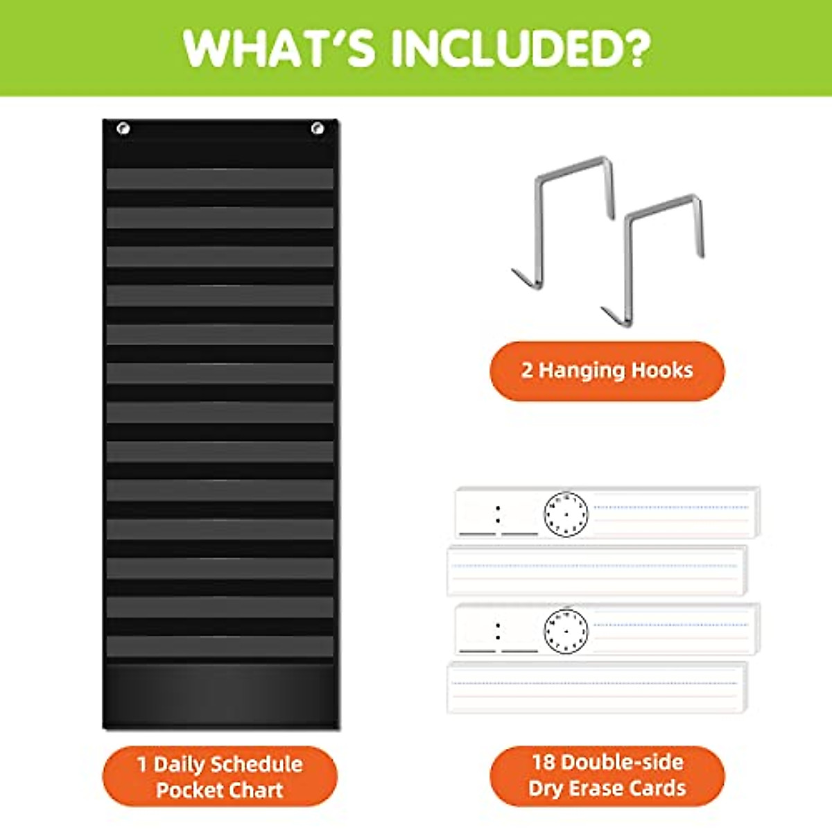 EAMAY Daily Schedule Pocket Charts, Teacher Schedule Chart with Resuable 18 Custom Cards, Classroom Pocket Chart for School Office or Homeschool Activities, Black