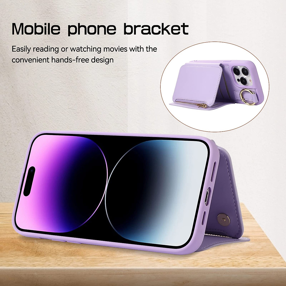 Furiet Wallet Case for iPhone 13 Pro 6.1 inch with Wrist and Shoulder Strap Card Holder Ring Stand Flip Zipper Leather 6+ Slots RFID Phone Cover for iPhone13Pro 5G i i-Phone i13 iPhone13 13Pro Purple