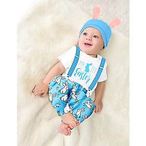 AGAPENG Baby Boy Easter Outfit Easter Outfit Baby Boy My First Easter Baby Boy Outfit Baby Boy Easter Outfit 0-3 Month Infant Short Sleeve Romper Bunny Suspender Pants Rabbit Ears Hat Blue