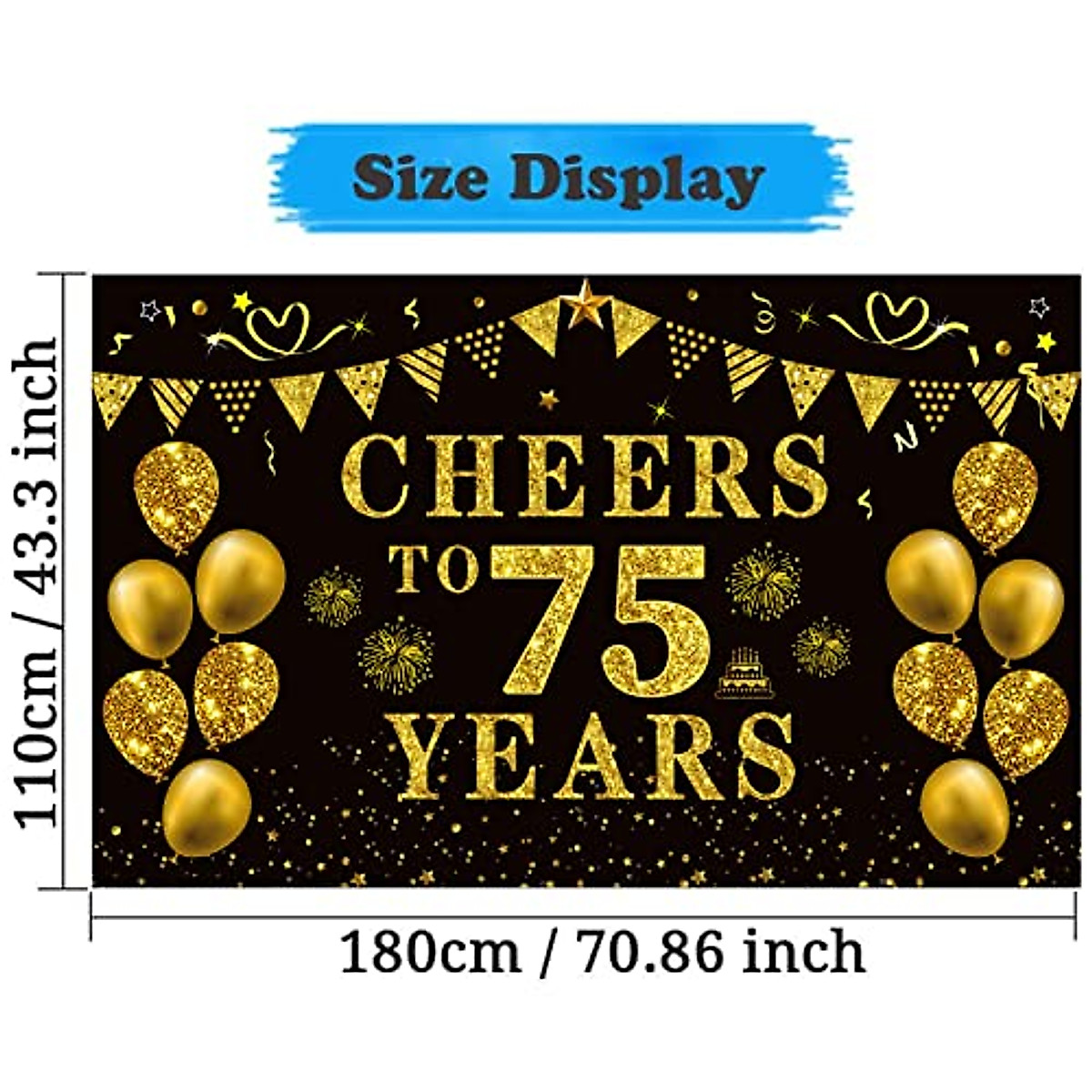 Trgowaul 75th Birthday Decorations for Women Men, Cheers to 75 Years Banner, Black Gold 75th Birthday Backdrop, 75th Wedding Anniversary Decorations for Couple, Party Sipplies Photography Background