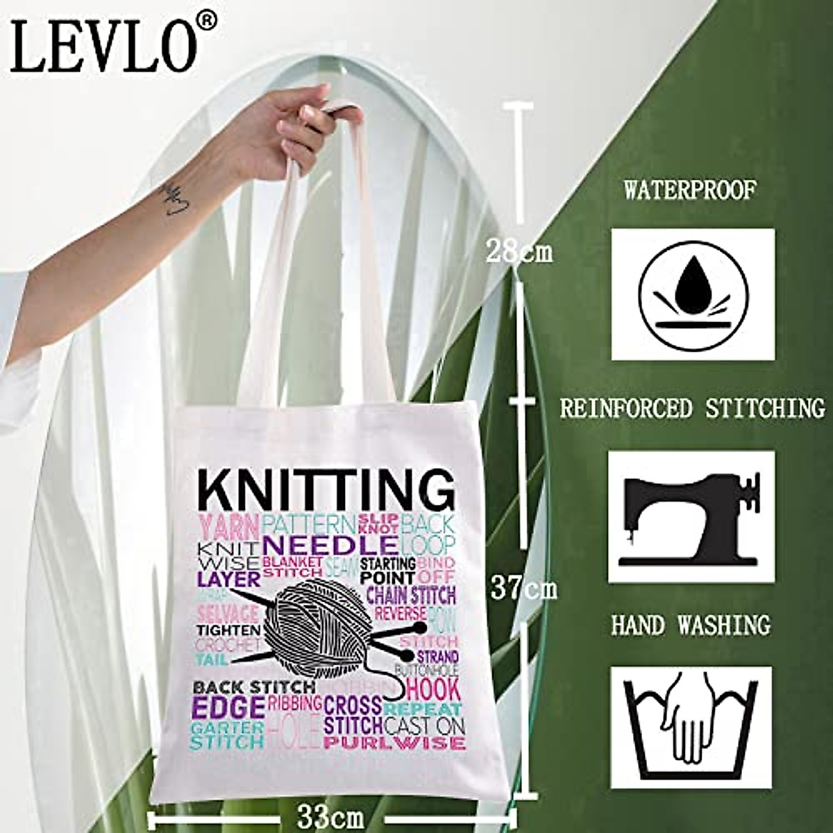 LEVLO Sewing Knitting Canvas Tote Bag Knitting Gift For Knitter Crochet Shoulder Bag For Crochet Lovers (Knitting Tote)