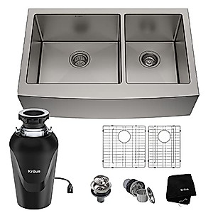 KRAUS Standart PRO™ 36-inch 16 Gauge 60/40 Double Bowl Stainless Steel Farmhouse Kitchen Sink with WasteGuard™ Continuous Feed Garbage Disposal, KHF203-36-100-75MB