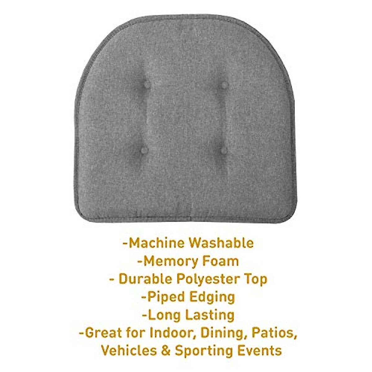 Sweet Home Collection Chair Cushion Memory Foam Pads Tufted Slip Non Skid Rubber Back U-Shaped 17" x 16" Seat Cover, 4 Count (Pack of 1), Grey