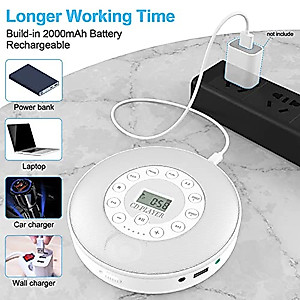 WOKALON Walkman CD Player Portable with Radio,Small Personal Portable CD Player with Headphones Speakers,Rechargeable Discman Kpop Music Compact CD Players for Kids Home Car,2000mAh,Anti-Skip(White)