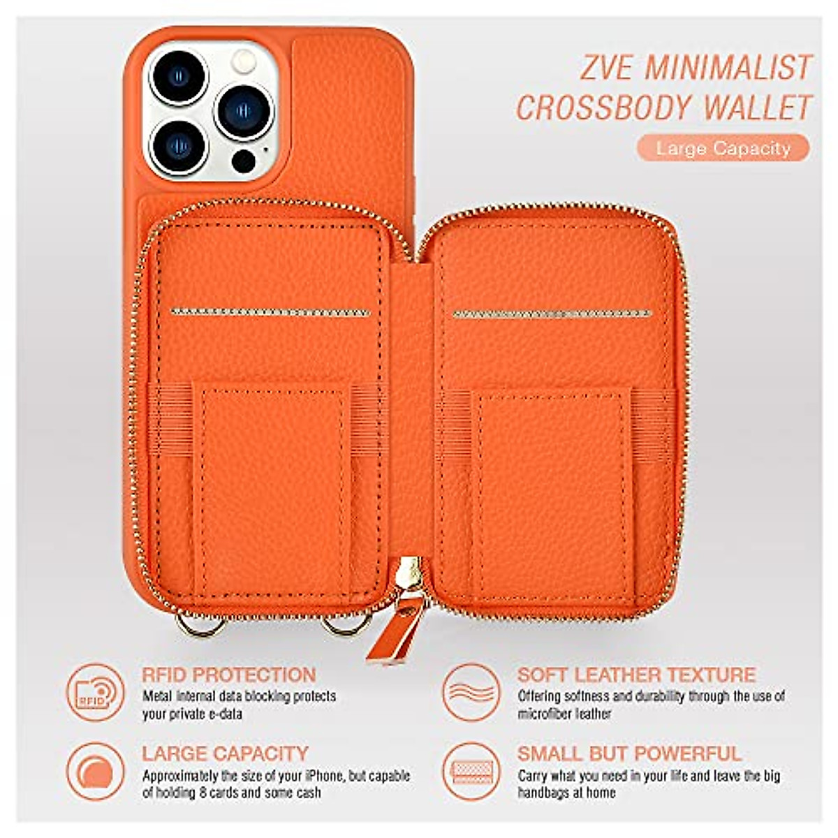 ZVE for iPhone 13 Pro Wallet Case Crossbody, Zipper Phone Case with RFID Blocking Card Holder Wrist Strap Purse Cover Gift for Women Carrying Compatible with iPhone 13 Pro (6.1 inch, 2021)-Orange