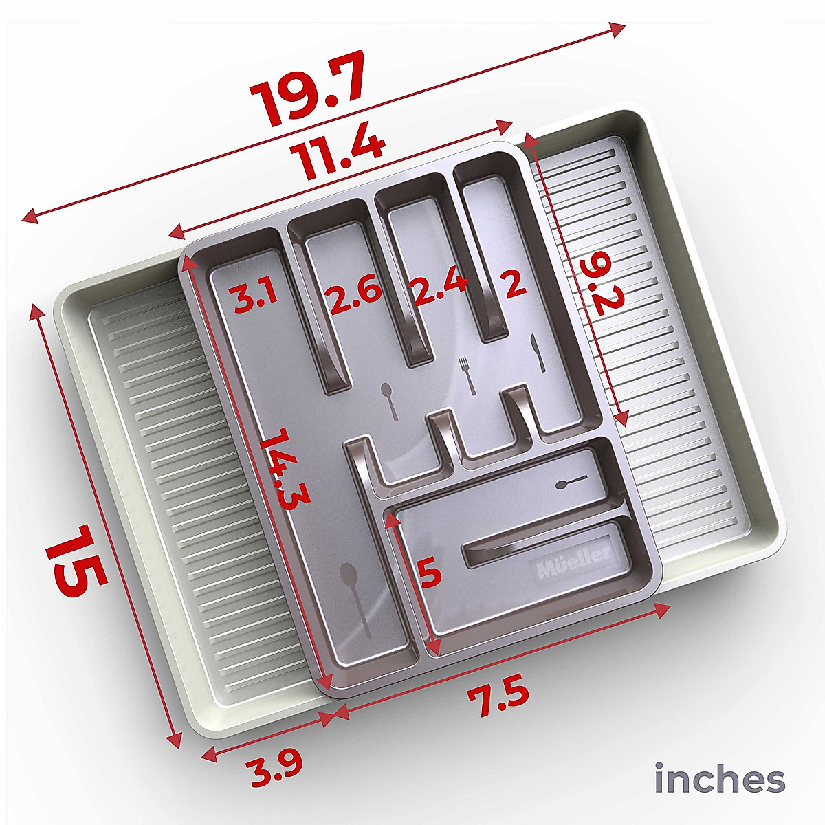 Mueller Large Flatware Kitchen Drawer Organizer, Expandable 19.7" x 15" Silverware Organizer, 6 Compartments, Heavy-Duty, Cutlery Tray for Utensils or Stuff, Dining Room, Living Room, Beige Mocha