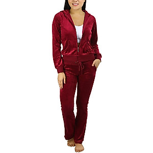 ToBeInStyle Women’s Cozy Lounge Velour Hooded Jacket and Matching Pants - Burgundy - M