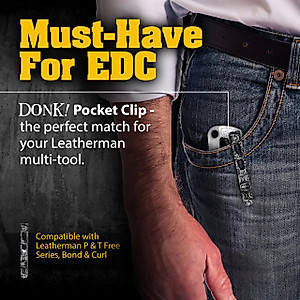Donk! Titanium Pocket Clip. Made for Leatherman Free (P2, P4, T2 & T4) Curl & Bond. TC4 Titanium. Matte Finish. 2 Screws. 5 Custom Designs. Extra Carry Options - 'Numb Skulls Dark’