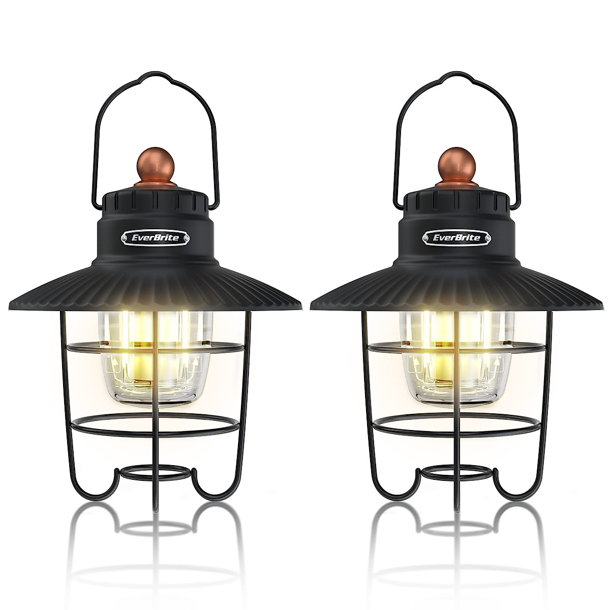 EverBrite LED Camping Lantern Pack of 2, USB C Rechargeable Lantern with 3 Light Modes, Vintage Outdoor Lanterns with Power Bank Function for Power Outages, Hurricane, Emergency, Fishing