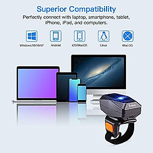 Eyoyo 1D Bluetooth Wearable Ring Barcode Scanner, Portable Mini Finger Bar Code Reader with 2.4GHz Wireless & USB Wired Connection for iPhone iPad Android iOS, for Book, Warehouse Inventory, Express