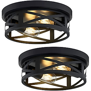ZHU YAN 2 Pack Black Flush Mount Ceiling Light,Industrial Farmhouse Metal Cage Black Light Fixtures Ceiling Mount for Kitchen Entryway Hallway E26 Base (10.63in)