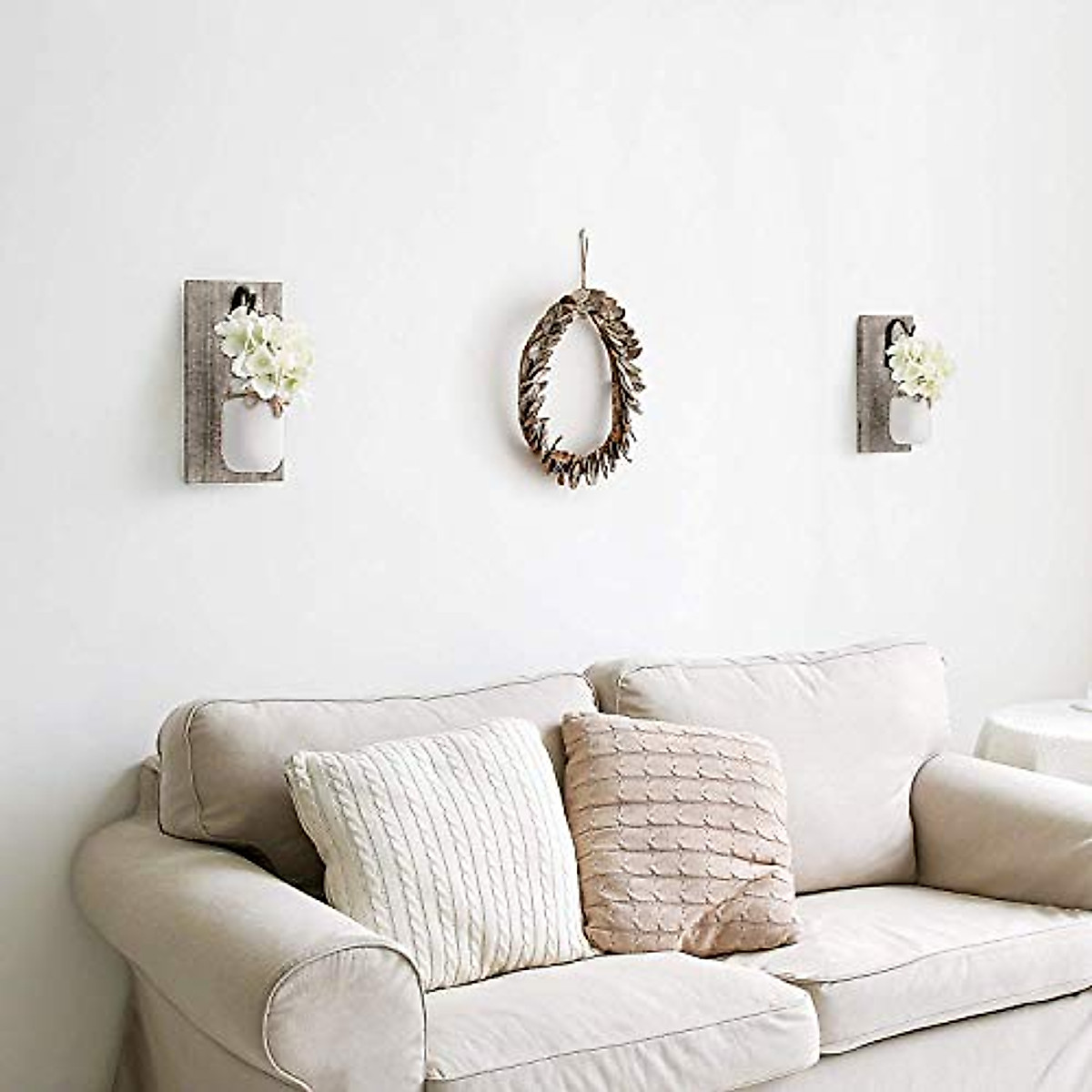 Mkono Mason Jar Wall Sconces Rustic Sconces Wall Decor Set of 2 Farmhouse Mason Jars Bathroom Decor Wood Boards with Fairy Lights and Flowers Fall Wall Decor for Home Kitchen Living Room, White