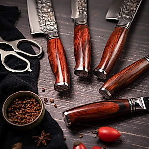 YARENH Kitchen Knife Set, 8 Piece Professional Damascus Chef Knives, Sharp High Carbon Stainless Steel Blade, 73 Layers, Full Tang, Dalbergia Wood Handle, Walnut Wooden Block and Sharpener Stone