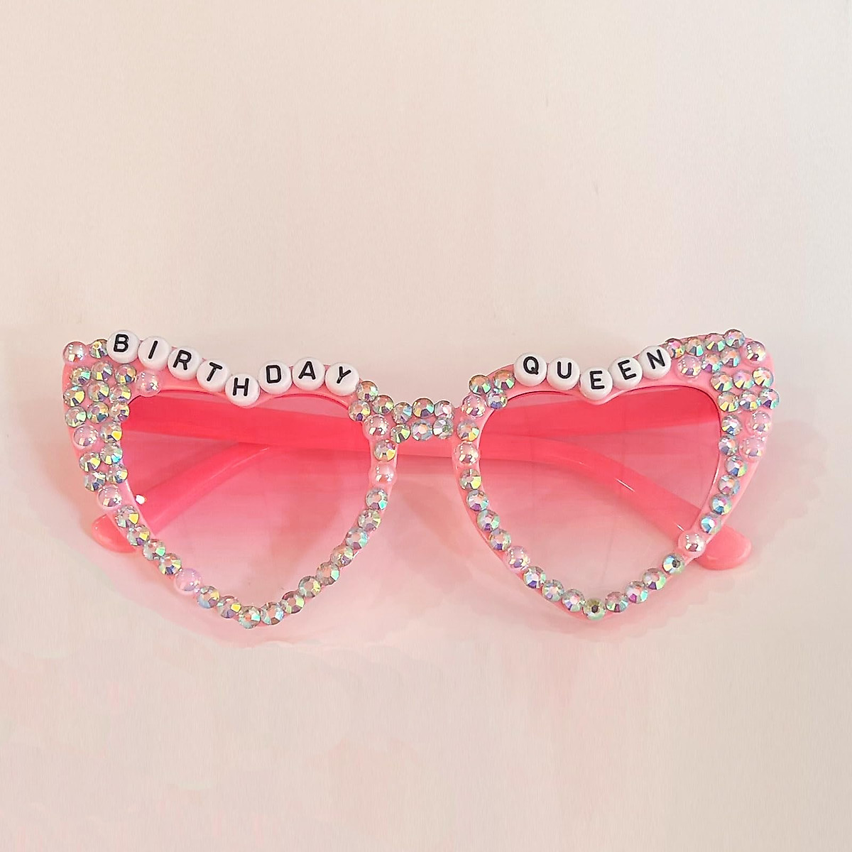 HokiiS Birthday Glasses for Women, Birthday Queen Sunglasses Pink Heart Shaped Shiny Bling Diamond Pearl Sunglasses for Girl Happy Birthday Party Gift Supplies Accessories Favors