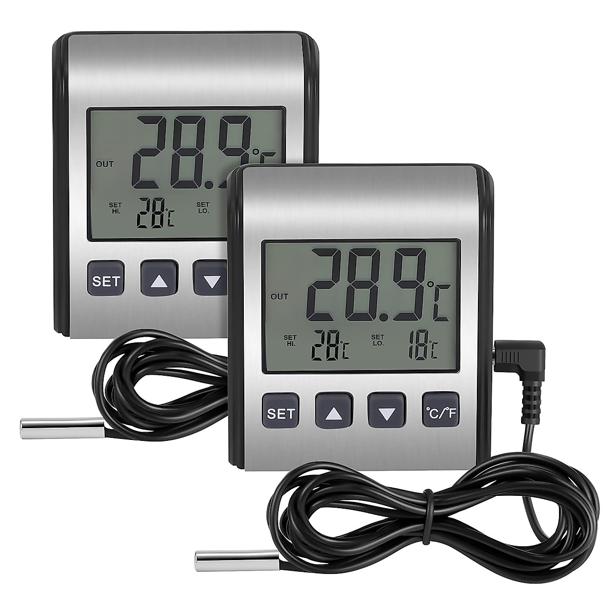 2 PCS Fridge Refrigerator Thermometer Freezer Thermometer high and Low Temperature Alarm Extra Sensor Big LCD Stainless Panel (2)