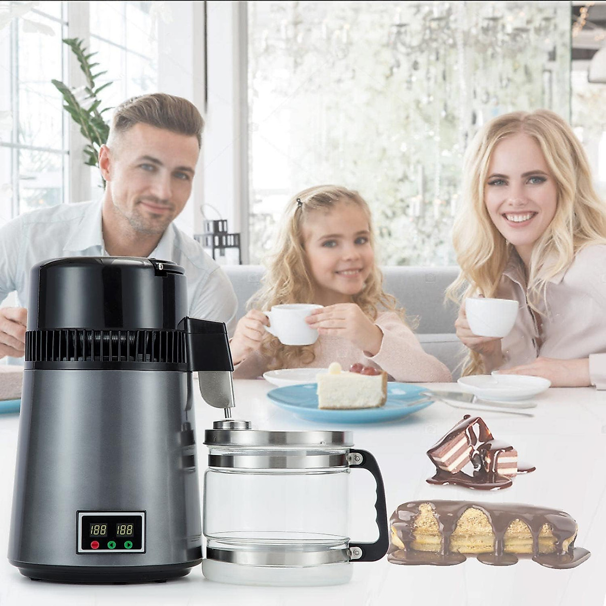 Water Distiller w/ Glass Container;750W,1.1Gal/4L Capacity;Distill Water up to 0.26Gal/1L per Hour and About 6Gal/23L per Day(Dual Temperature Display / Gray)