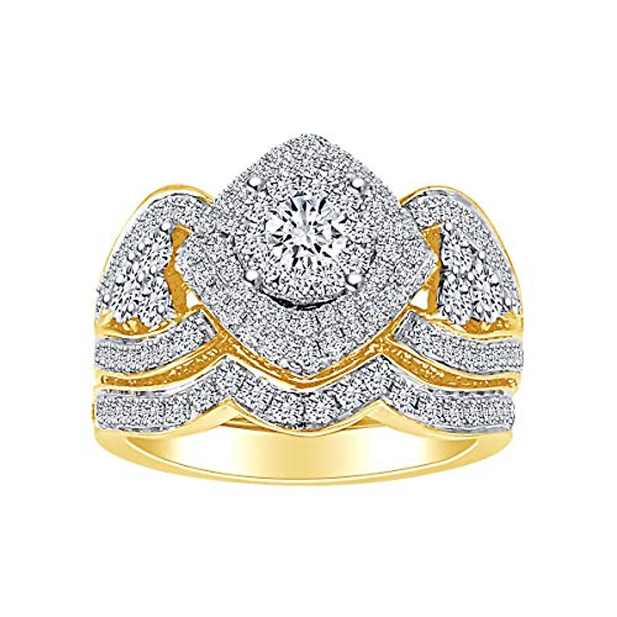 AFFY 2 1/2 Cttw Round Cut White Natural Diamond Halo Wedding Engagement Ring Set 14k Yellow Gold (Clarity: I2-I3, Color: I-J, 2.50 Carat) Ring Size-5