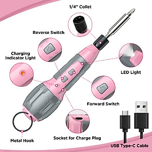 WORKPRO Electric Cordless Screwdriver Set - 4V USB Rechargeable Lithium-ion Battery Screwdriver Kit with LED Light - Small Screwdriver with 7pcs Bits for Home, Office, Apartment - Pink Ribbon