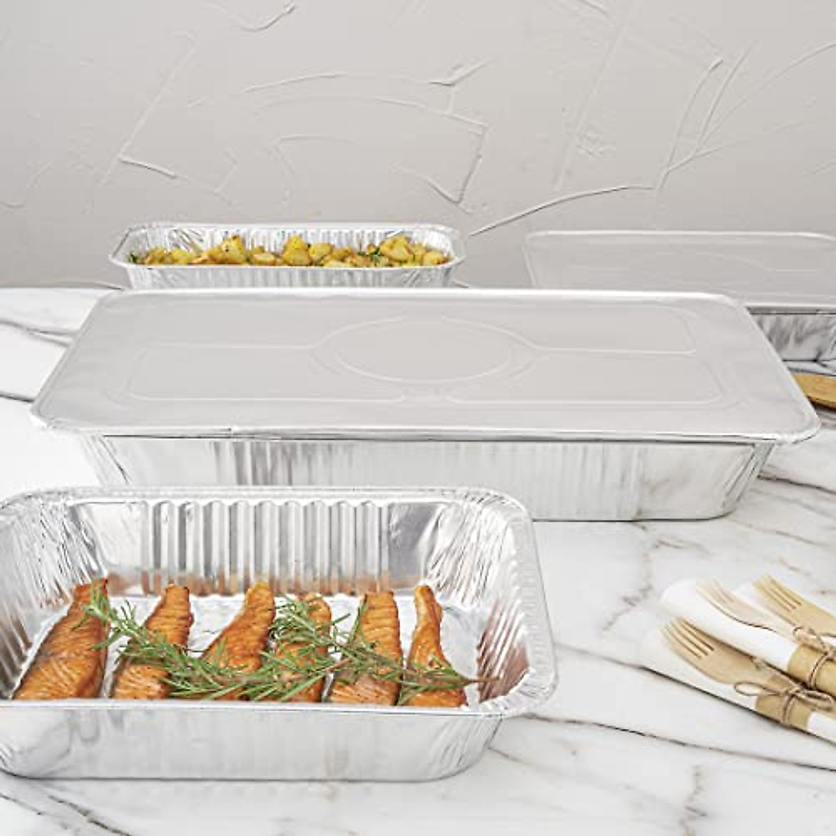 Restaurantware LIDS ONLY: Foil Lux Foil Pan Lids 25 Oven-Ready Foil Tray Lids -Fits Full-Size Steam Table Lids Freezable Silver Aluminum DisposableTurkey Pan Lids Pans Sold Separately