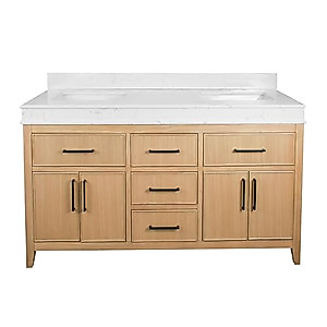 Kitchen Bath Collection Kensington 60-inch Double Bathroom Vanity (Engineered Marble/Blonde): Includes Blonde Cabinet with Engineered Marble Countertop and White Ceramic Sinks
