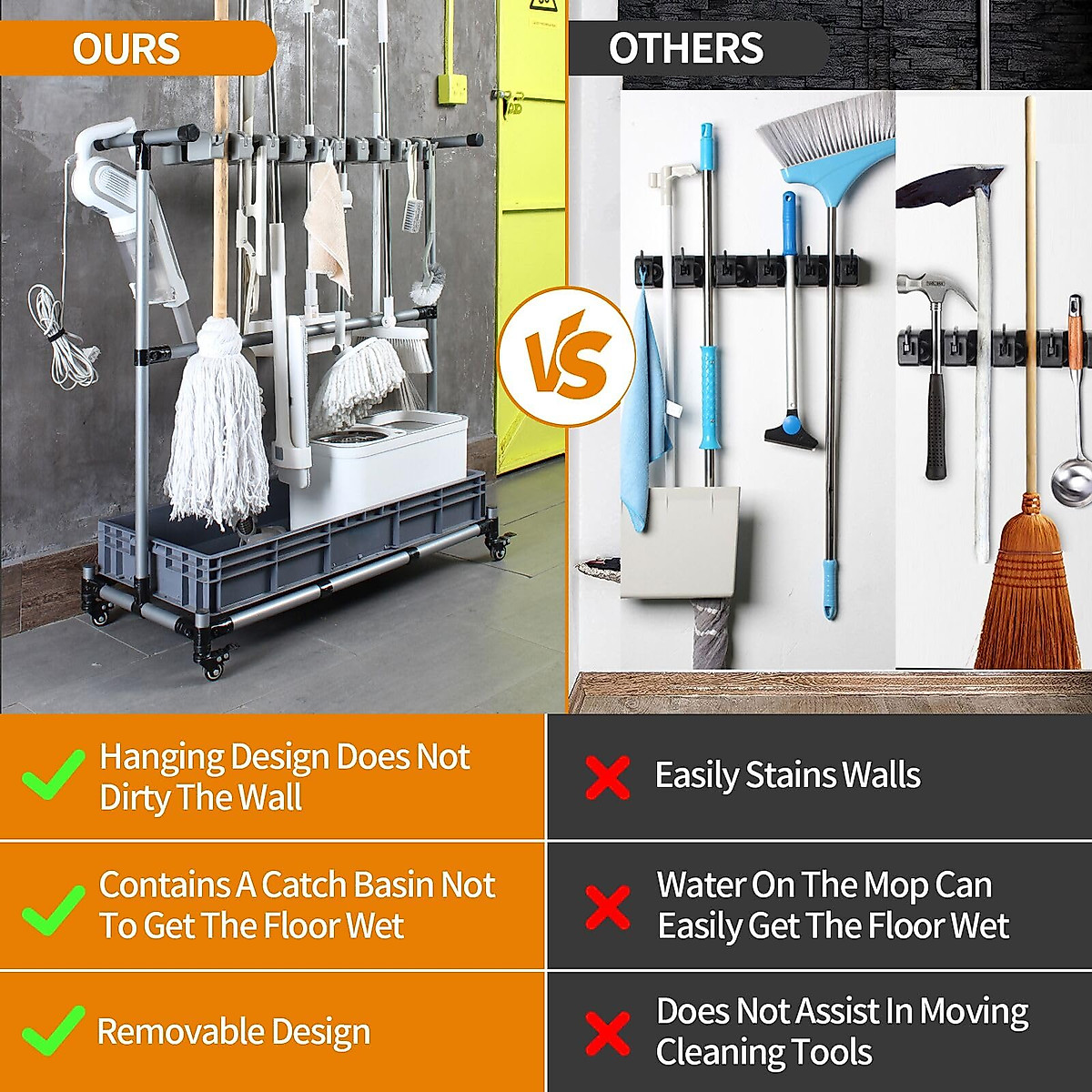 Multifunctional Cleaning Cart and Tool Organizer - Broom and Mop Holder